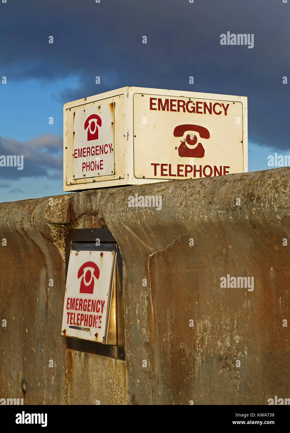 Emergency telephone sat on the sea wall at Rossall, near Fleetwood ...