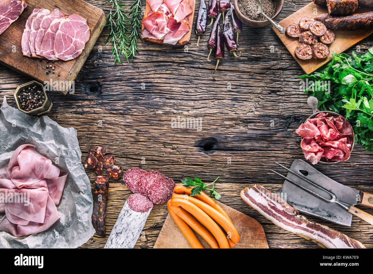 Smoked pork. Assortment of smoked pork products - sausage ham neck ...