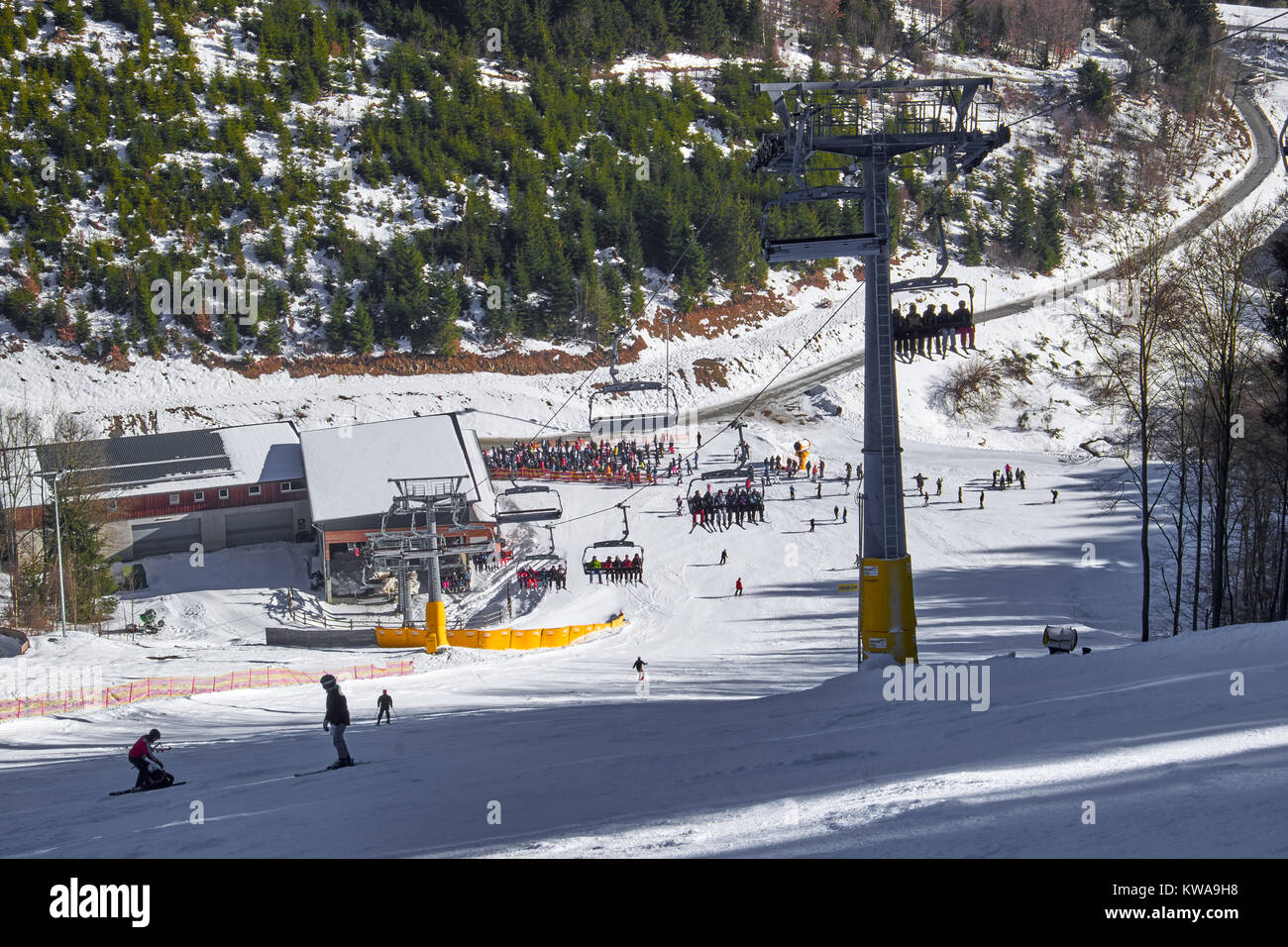WINTERBERG, GERMANY - FEBRUARY 14, 2017: Typical piste with chairlift ...