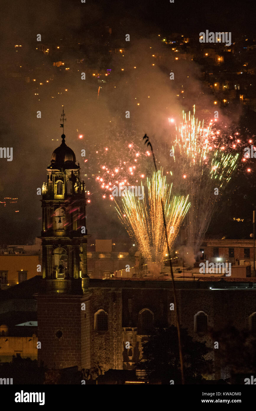 Fireworks explode over the San Felipe Neri church in the colonial ...