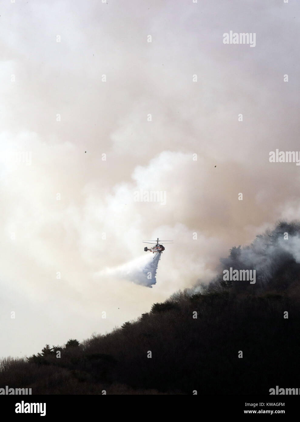 02nd Jan, 2018. Forest fire erupts on mountain in Busan A helicopter of ...