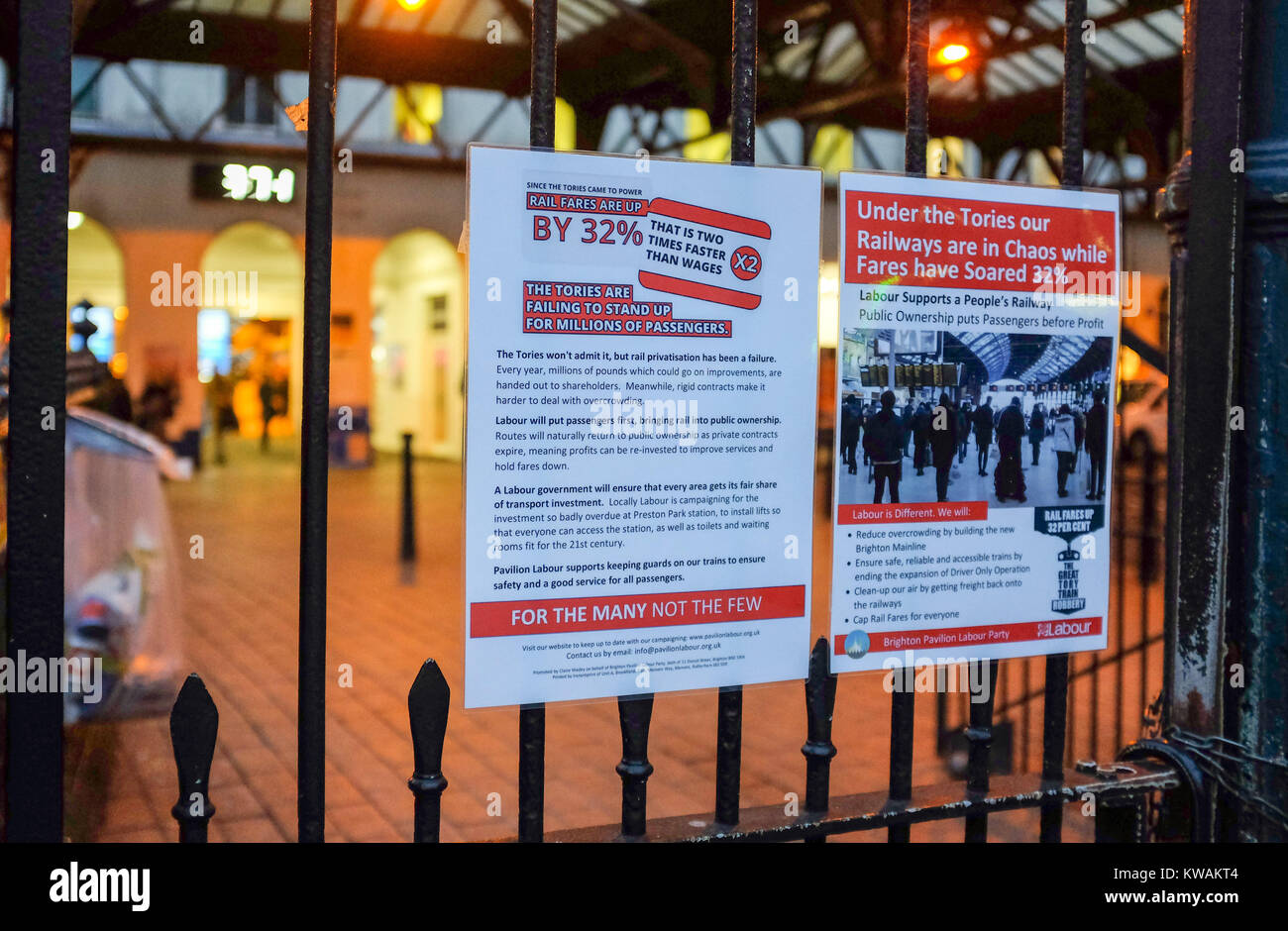 Brighton, UK. 2nd Jan, 2018. Protest posters outside Brighton railway ...