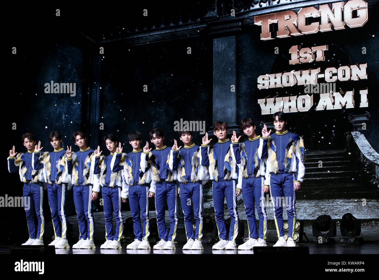 Korea. 03rd Jan, 2018. S. Korean boy group TRCNG Members of boy group TRCNG pose for a photo ...
