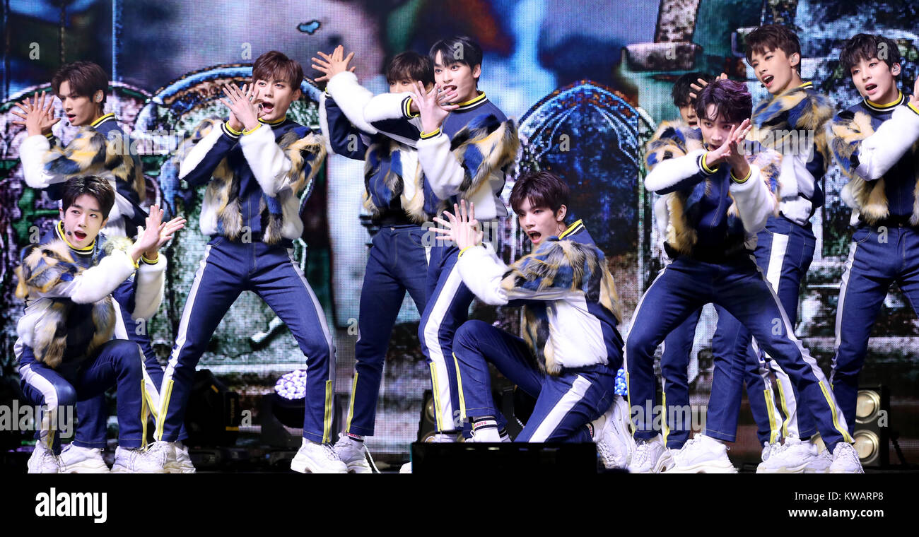 Korea. 03rd Jan, 2018. S. Korean boy group TRCNG Members of boy group TRCNG performs during a ...