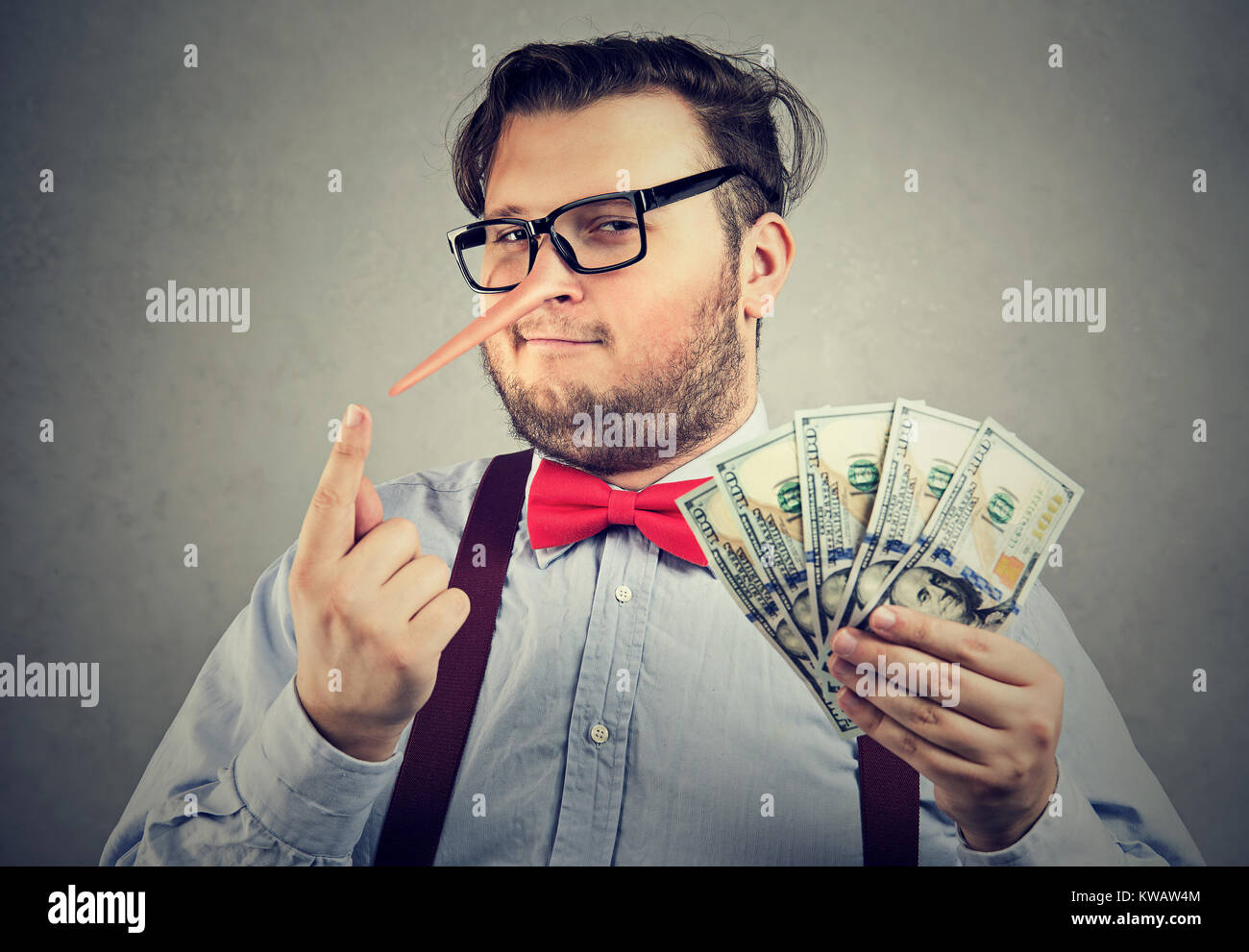 Obese formal man with long nose having money after conducting fraud ...