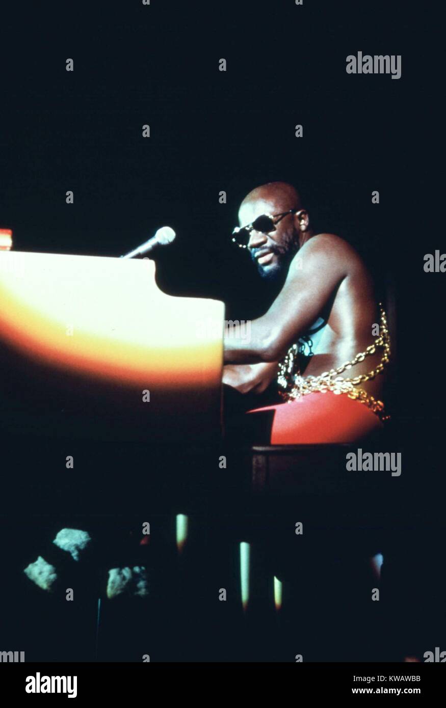 On stage during an annual Black Talent Expo, soul singer Isaac Hayes ...