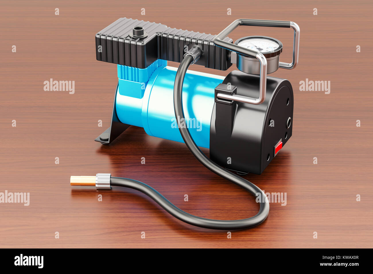 Car portable electric air compressor on the wooden table. 3D rendering ...