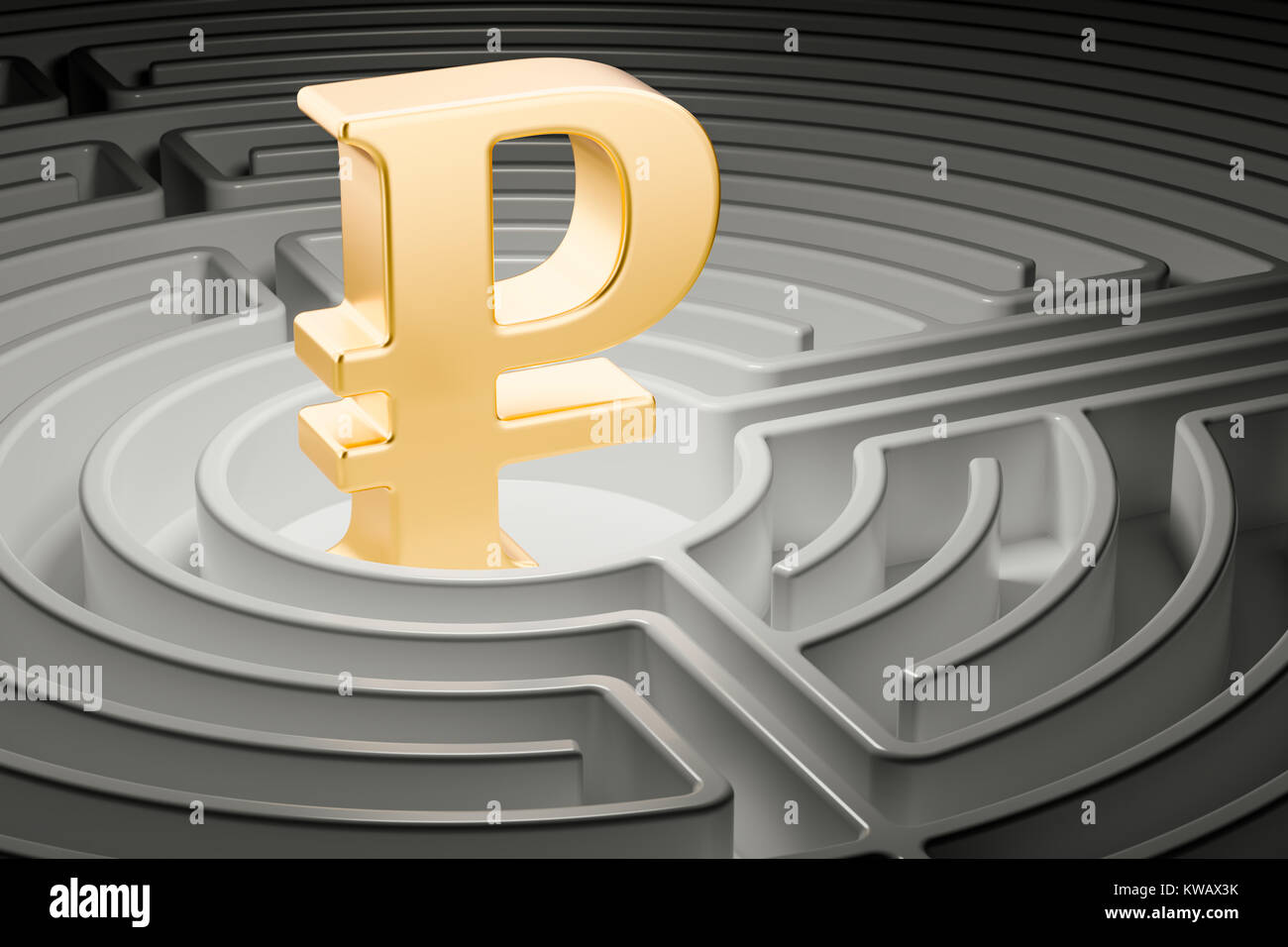 Golden ruble sign at center of dark maze, 3D rendering Stock Photo - Alamy