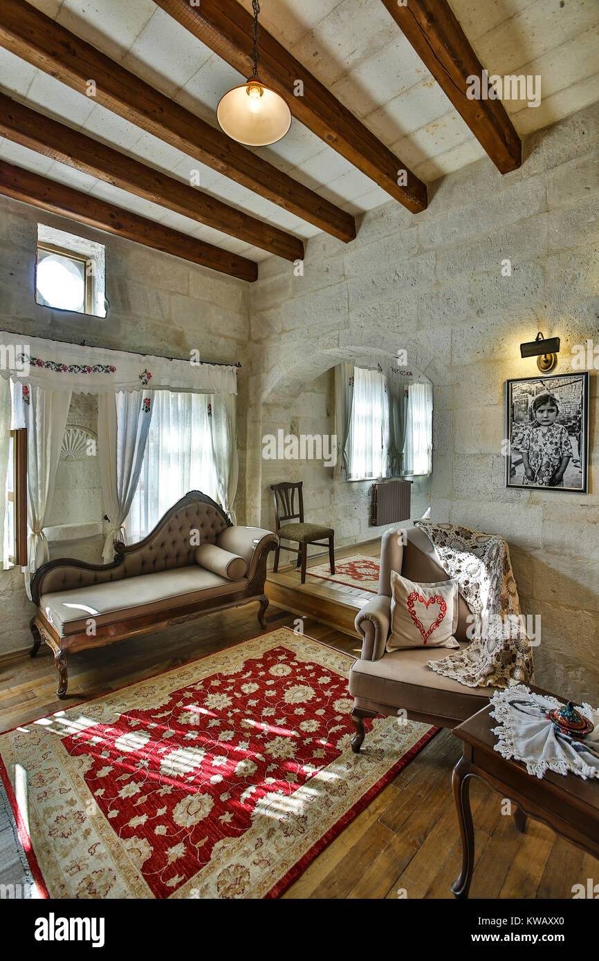 Living room, Terra Cave Hotel, Goreme, Cappadocia, Turkey Stock Photo ...