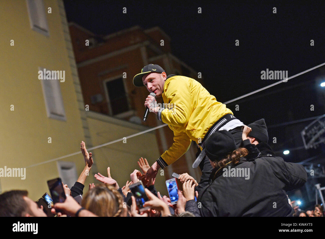 Pozzuoli, Italy. 01st Jan, 2018. Italian rapper Clementino performs ...