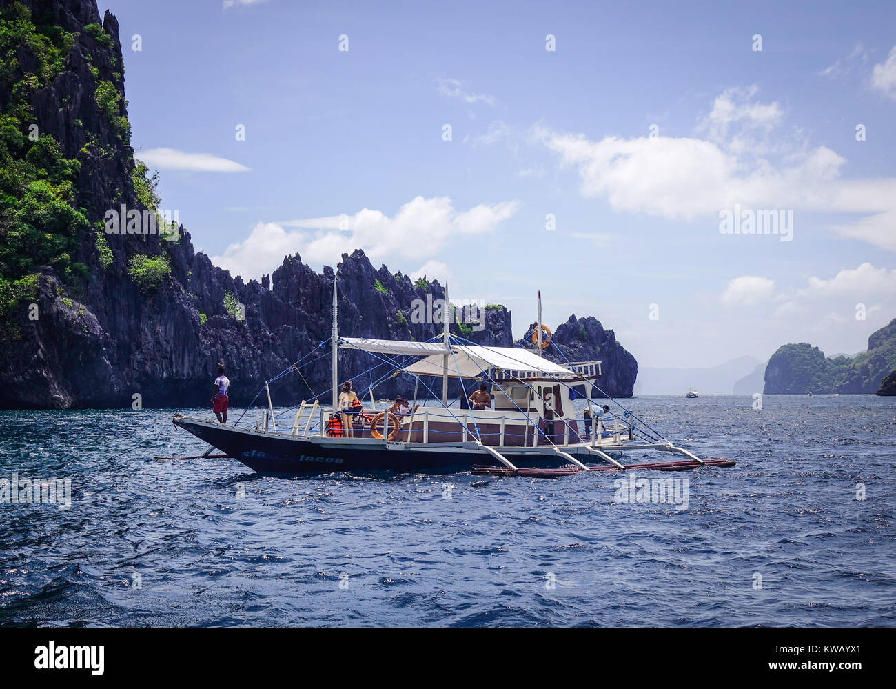 Palawan, Philippines - Apr 5, 2017. A tourist boat docking on the sea ...