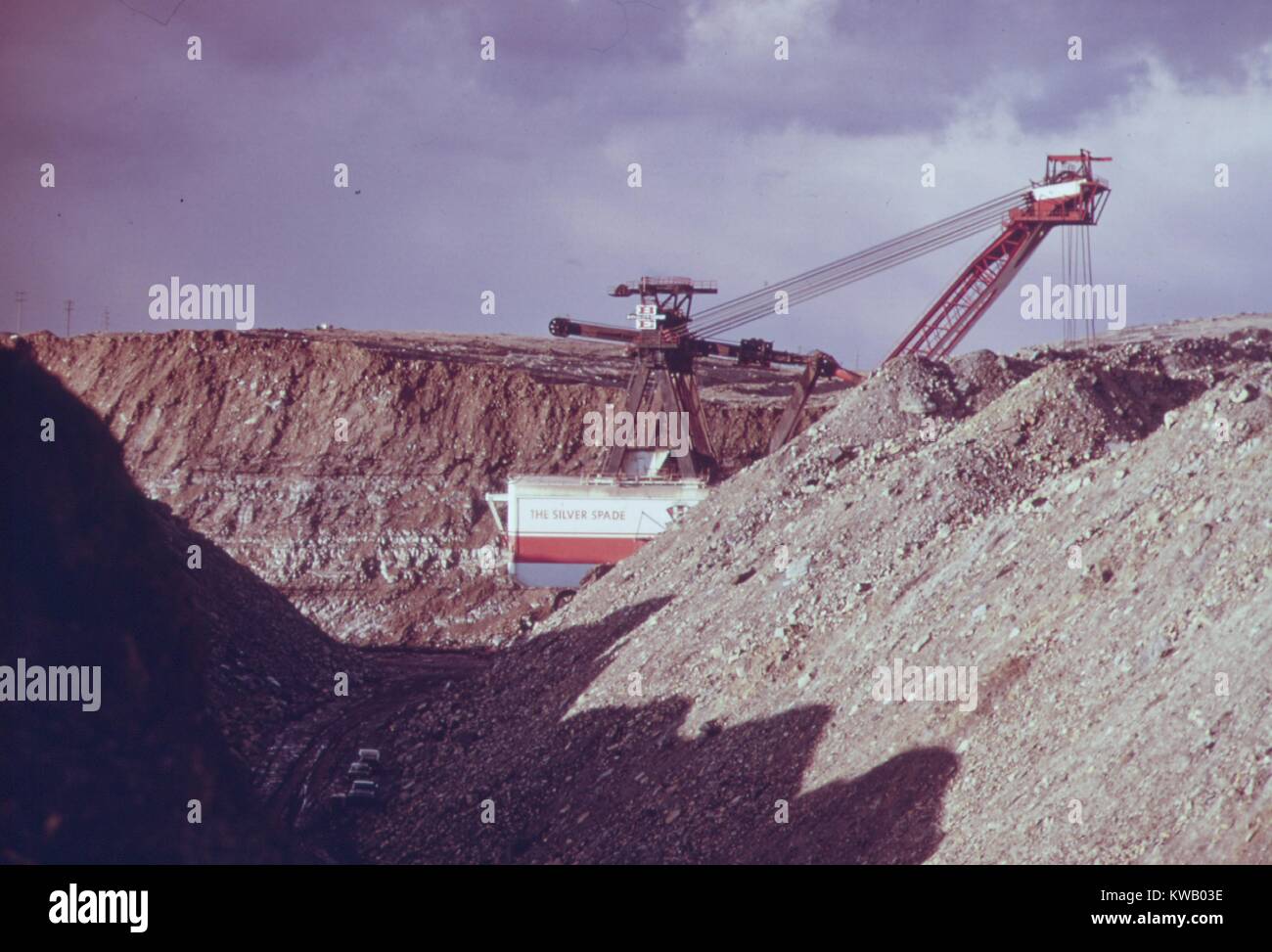 Dragline excavator in a barren, rocky landscape, coal strip mine, Ohio ...