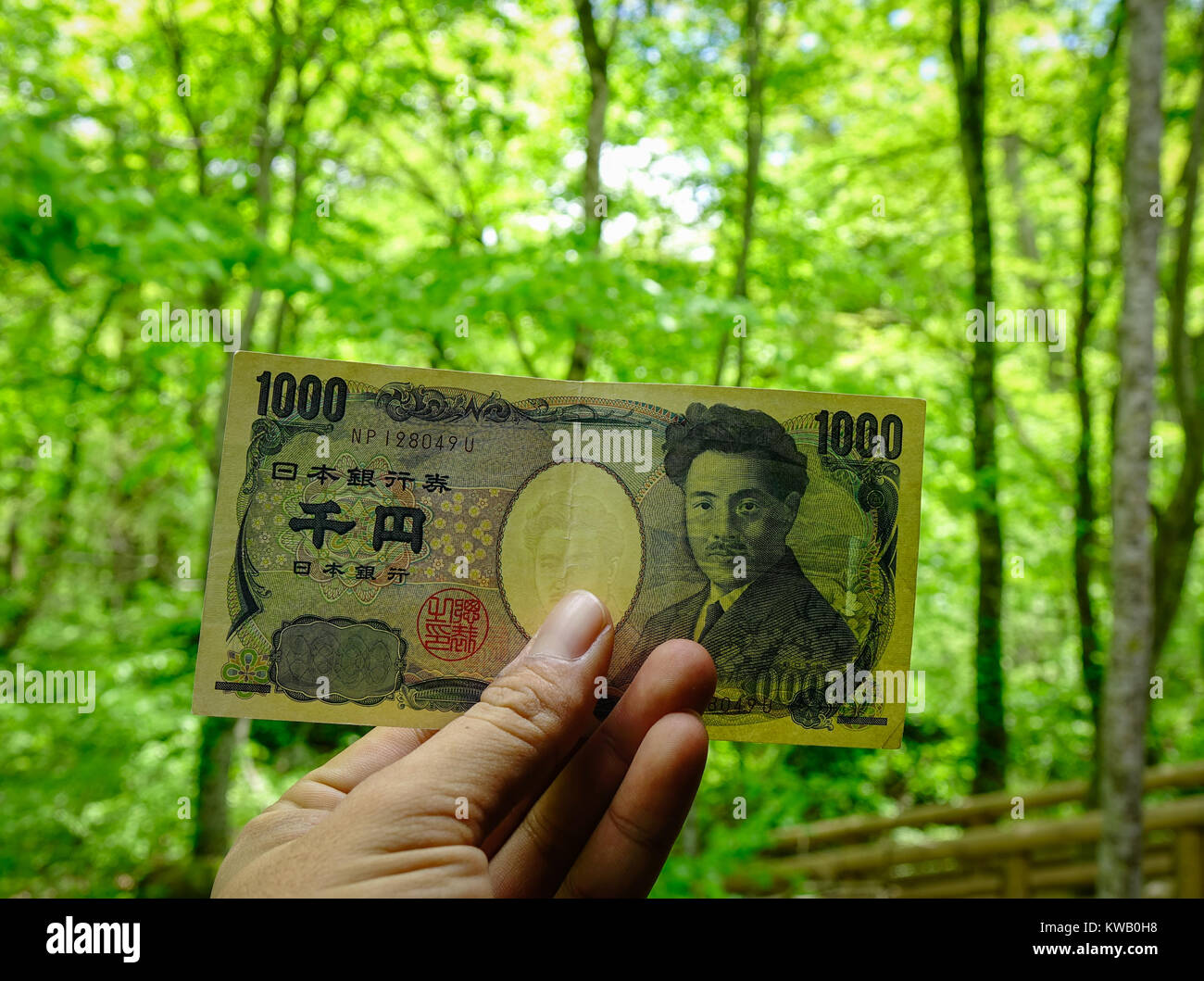 Hand holding 1000 yen (Japanese Yen) billnote with nature background ...