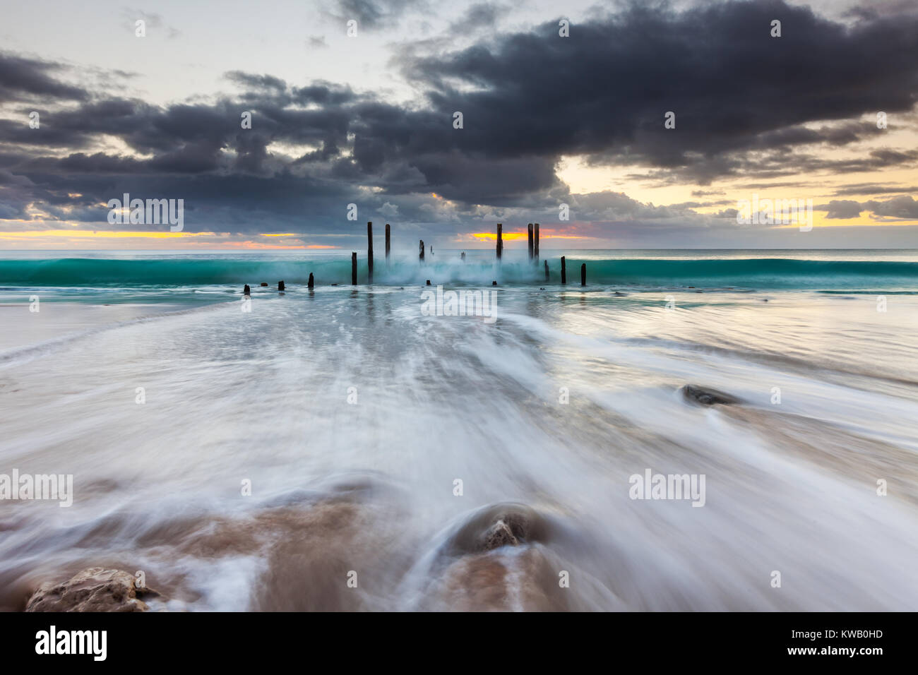 South Australia's famous Port Willunga beach Jetty Ruins with breaking ...