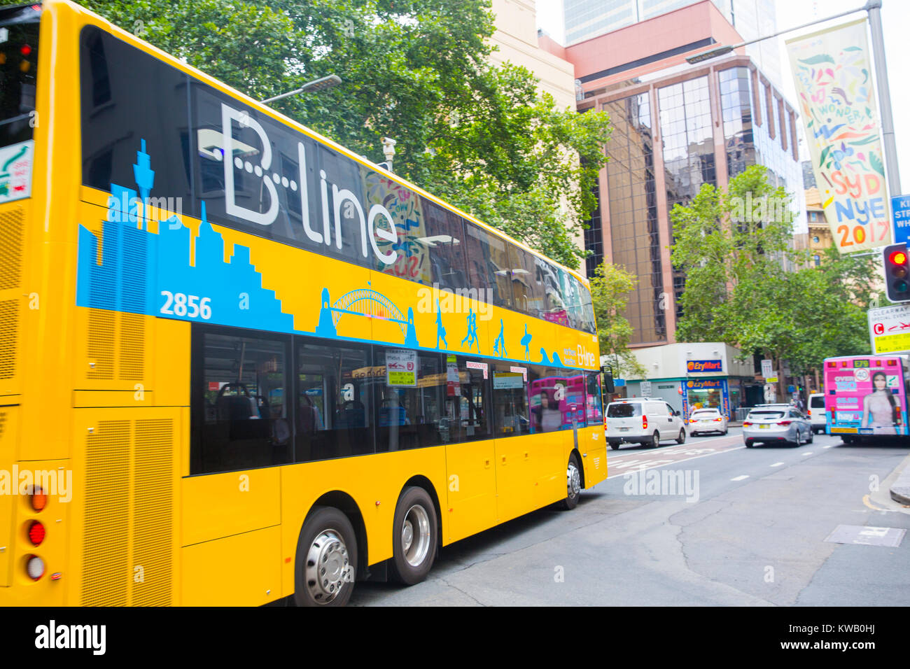 Double decker yellow B line Sydney bus that serves the northern beaches ...