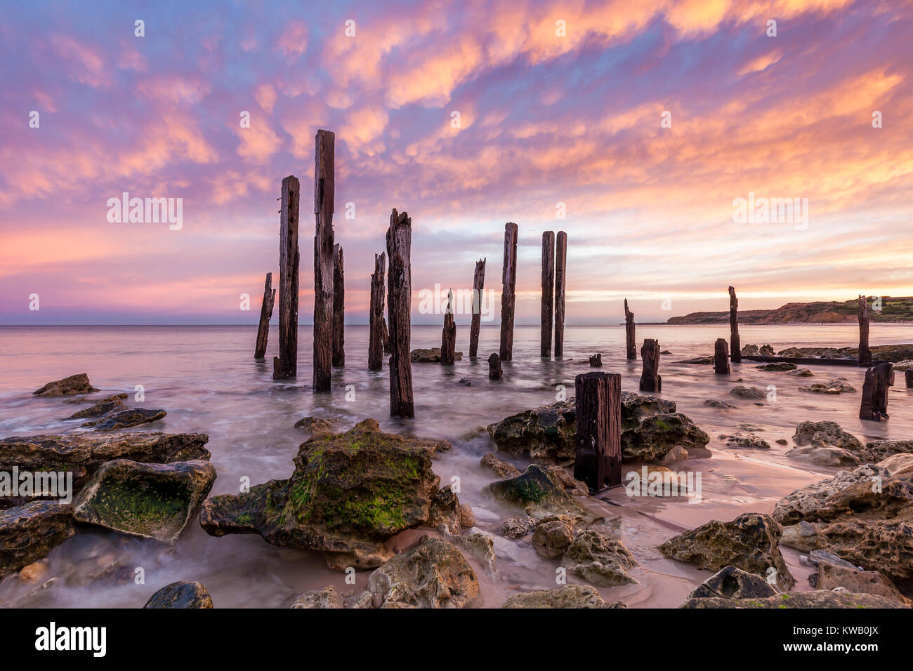 A magic sunrise over the iconic Port Willunga jetty ruins in South ...