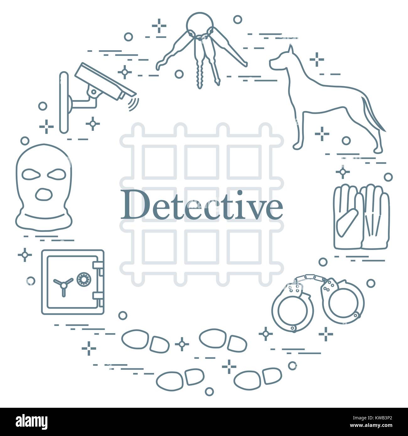 Criminal and detective elements. Crime, law and justice vector icons ...