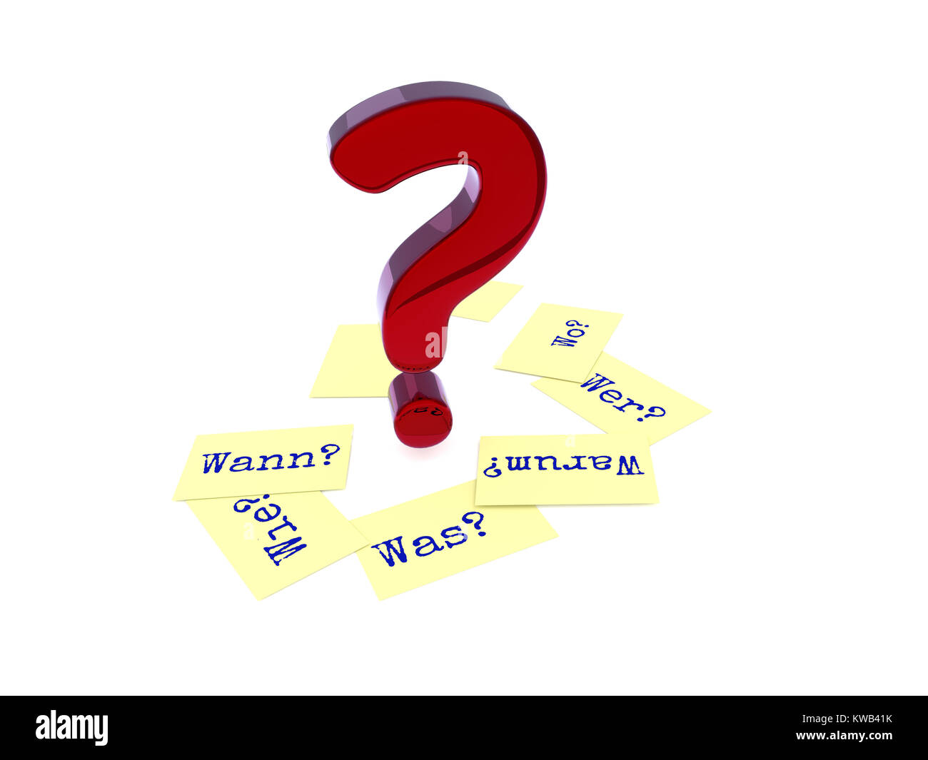 Glossy red question mark, six sticky notes on the ground with the ...