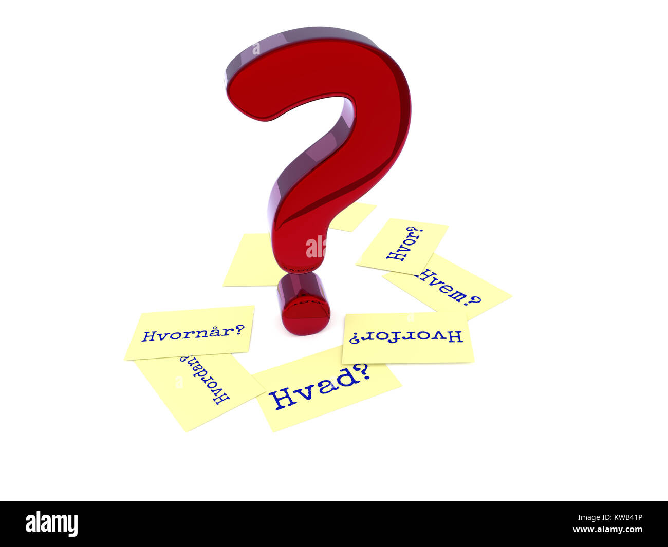 Glossy red question mark, six sticky notes on the ground with the ...