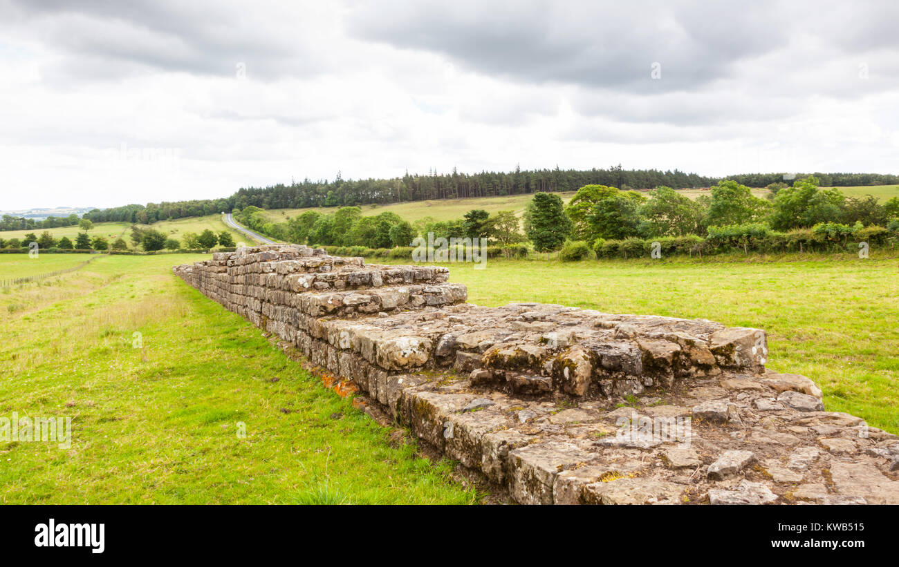 NORTHUMBERLAND, ENGLAND - JULY 28, 2012: A section of Hadrian's Wall in ...