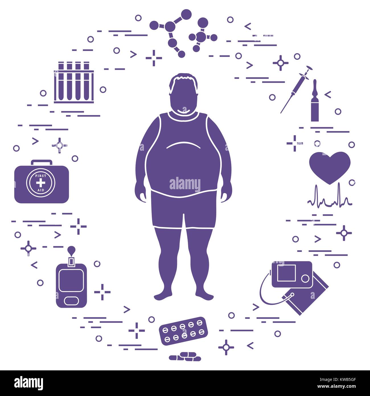 Fat man with medical devices, tools and drugs around him. Health and ...