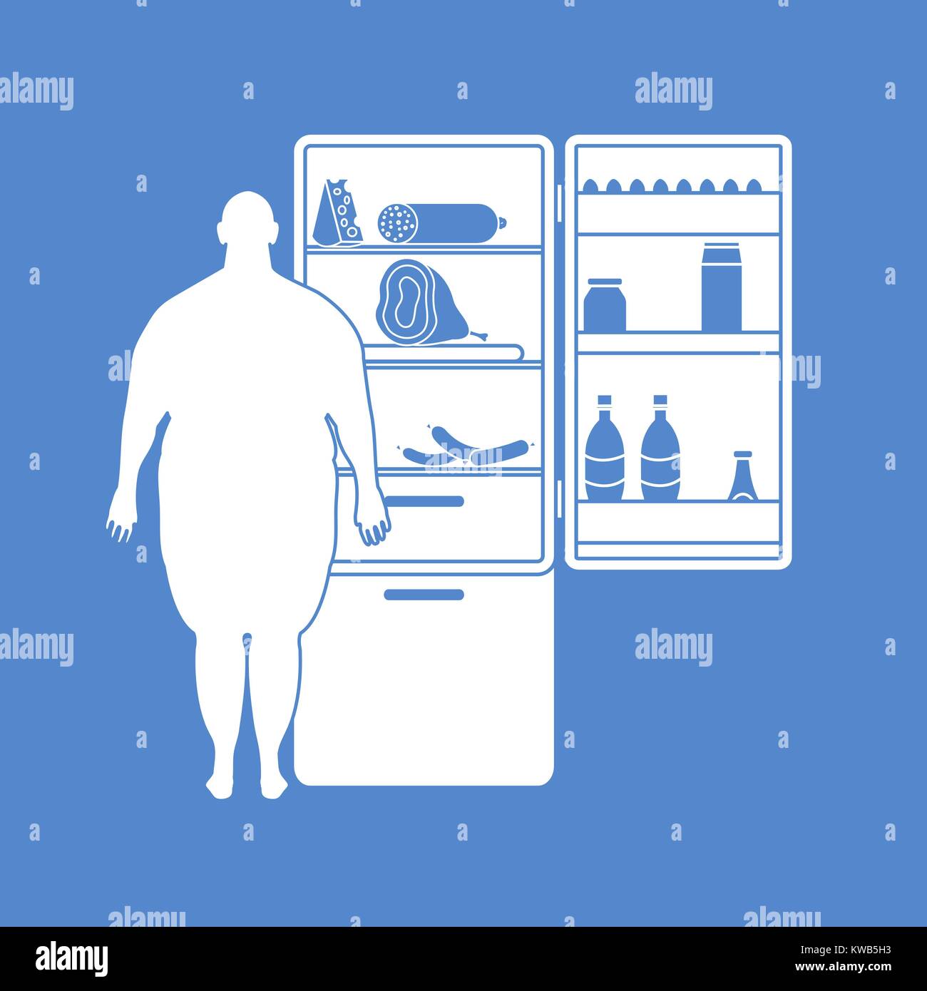 Fat man stands at the fridge full of food. Harmful eating habits ...