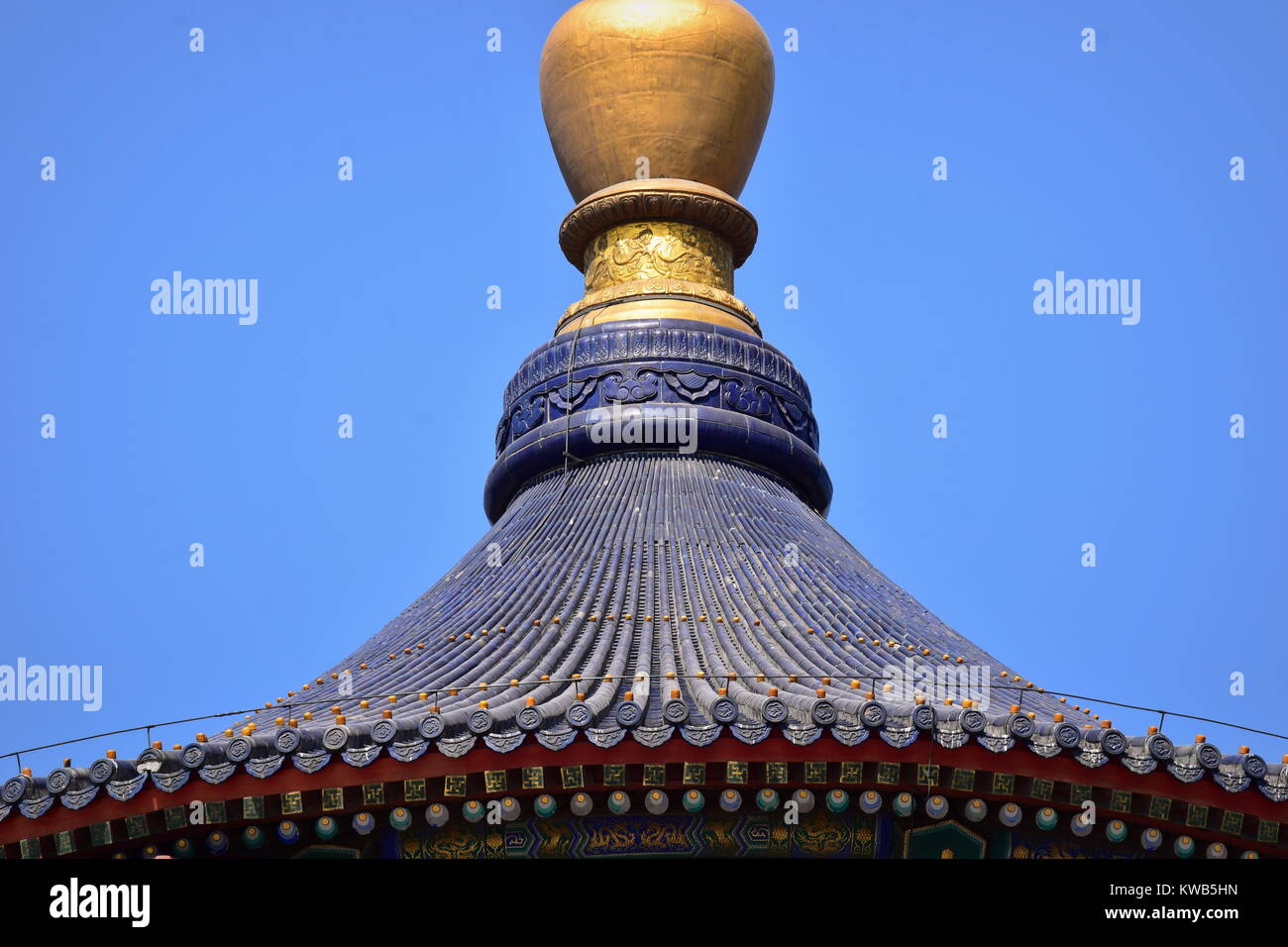 Temple of Heaven golden roof close up under Beijing blue sky, China ...