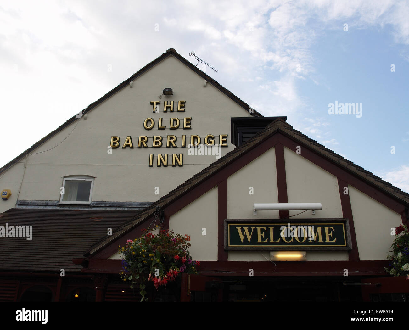 Welcome sign above entrance at The Olde Barbridge Inn, Old Chester Road ...