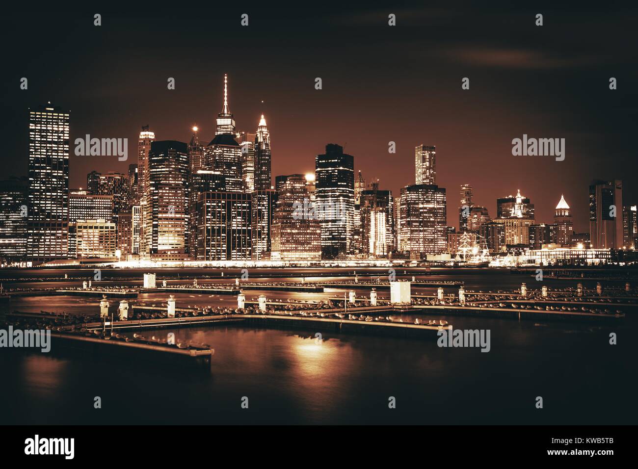 Manhattan Island New York City Skyline at Night in Sepia Color Grading ...