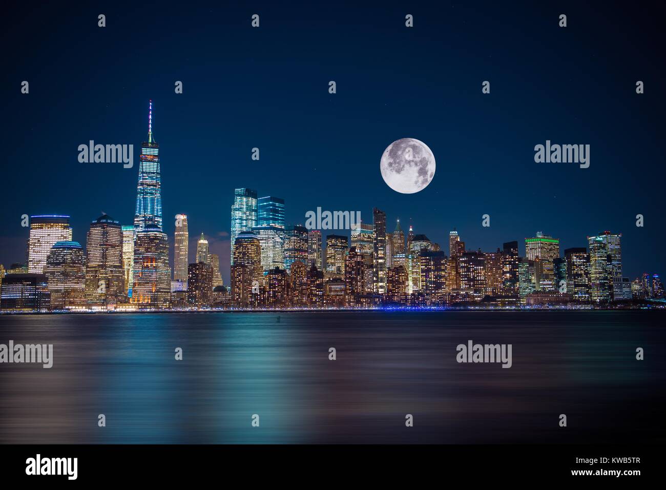 New York City Skyline and the Moon. Manhattan at Night. United States ...