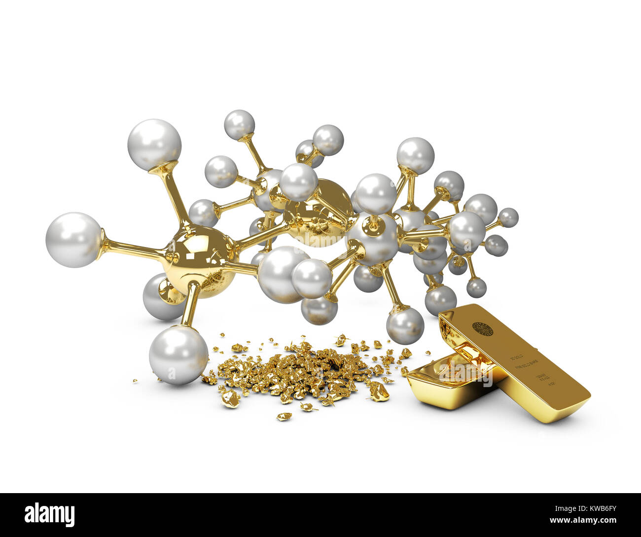 3d Illustration of Molecule of gold with gold bars, isolated white ...