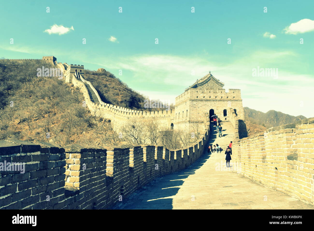 Beautiful hiking trail along Great Wall of China winding road along ...