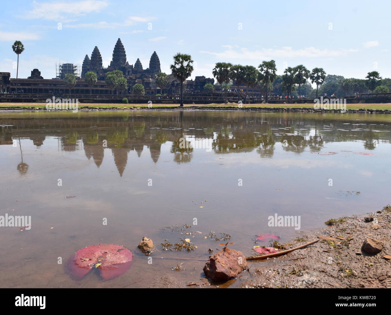 Ancient stone temple of Angkor Wat water reflected on front pond ...