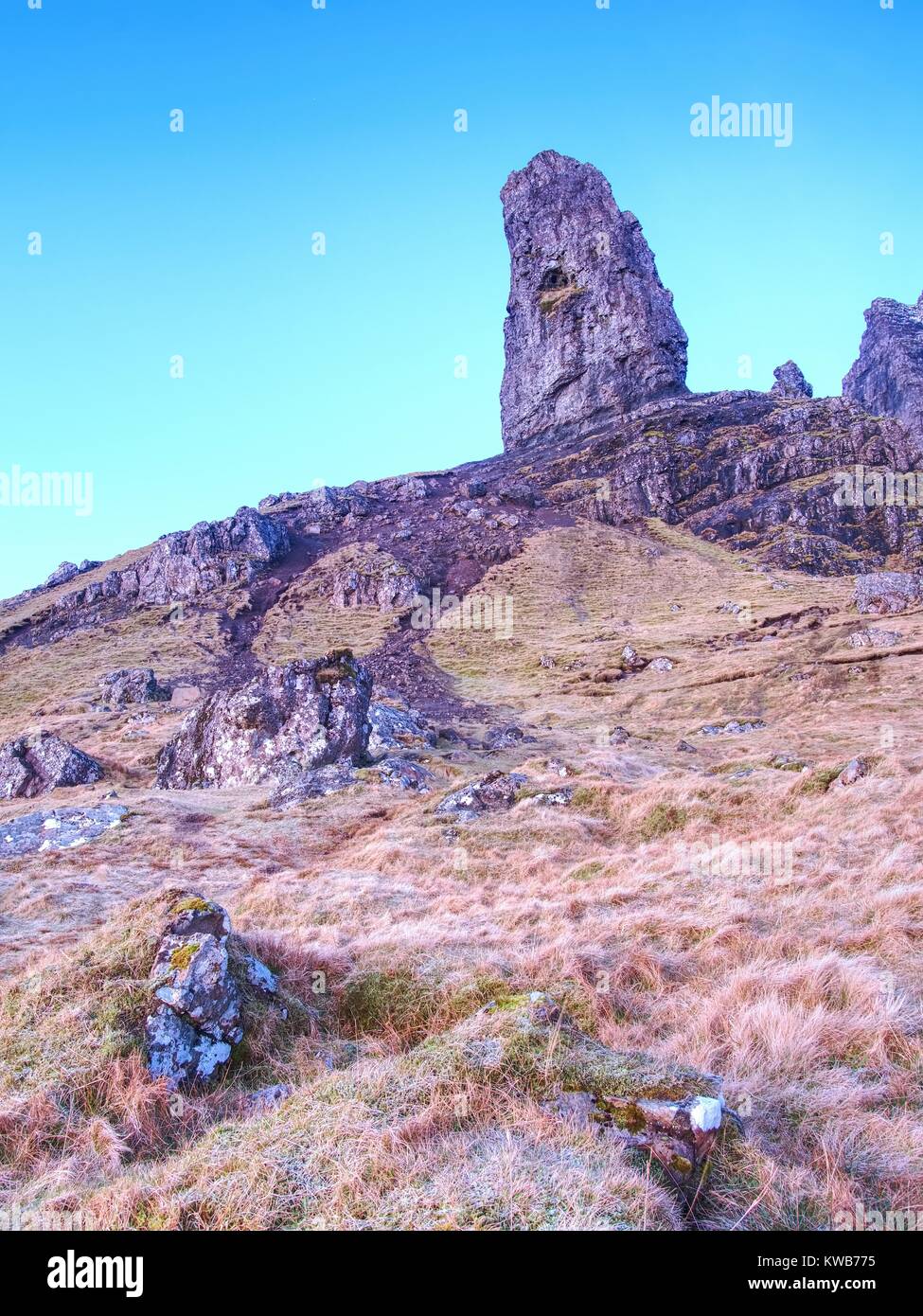 Old Man of Storr rocks with clear sky Isle of Skye Scotland, cold ...
