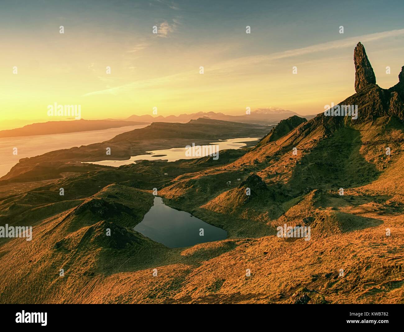 Famous exposed rocks Old Man of Storr, north hill in the Isle of Skye ...