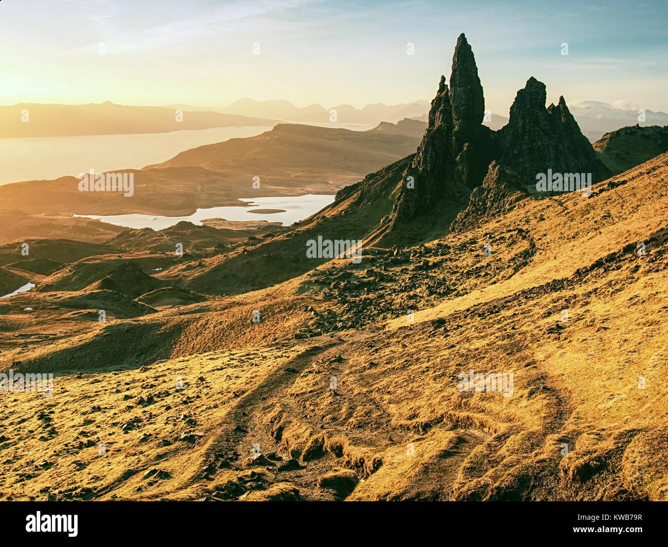 Famous exposed rocks Old Man of Storr, north hill in the Isle of Skye ...