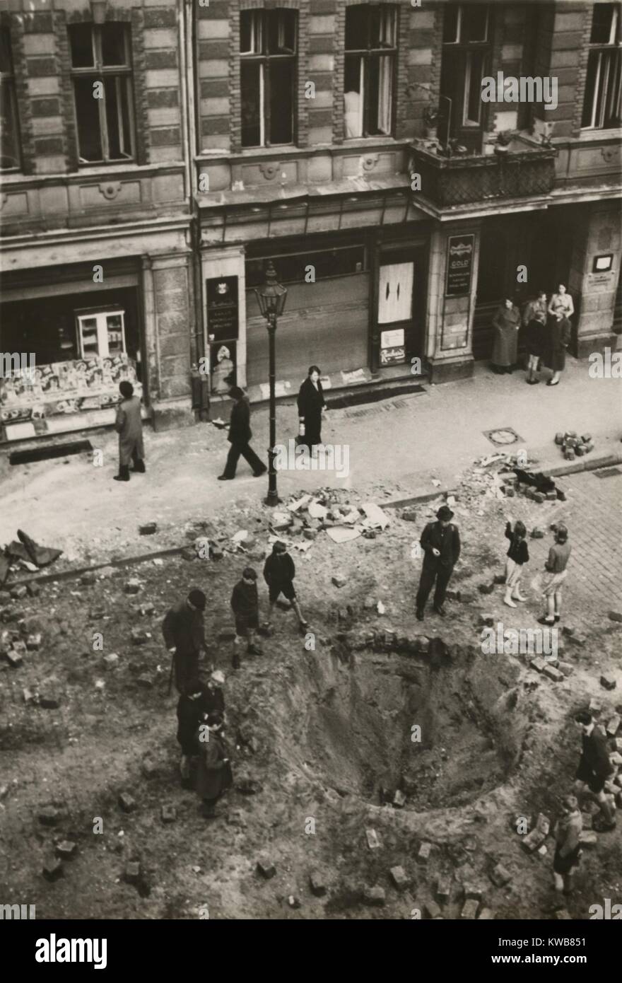 Crater made by British bomb dropped into downtown Berlin in Oct. 1940 ...