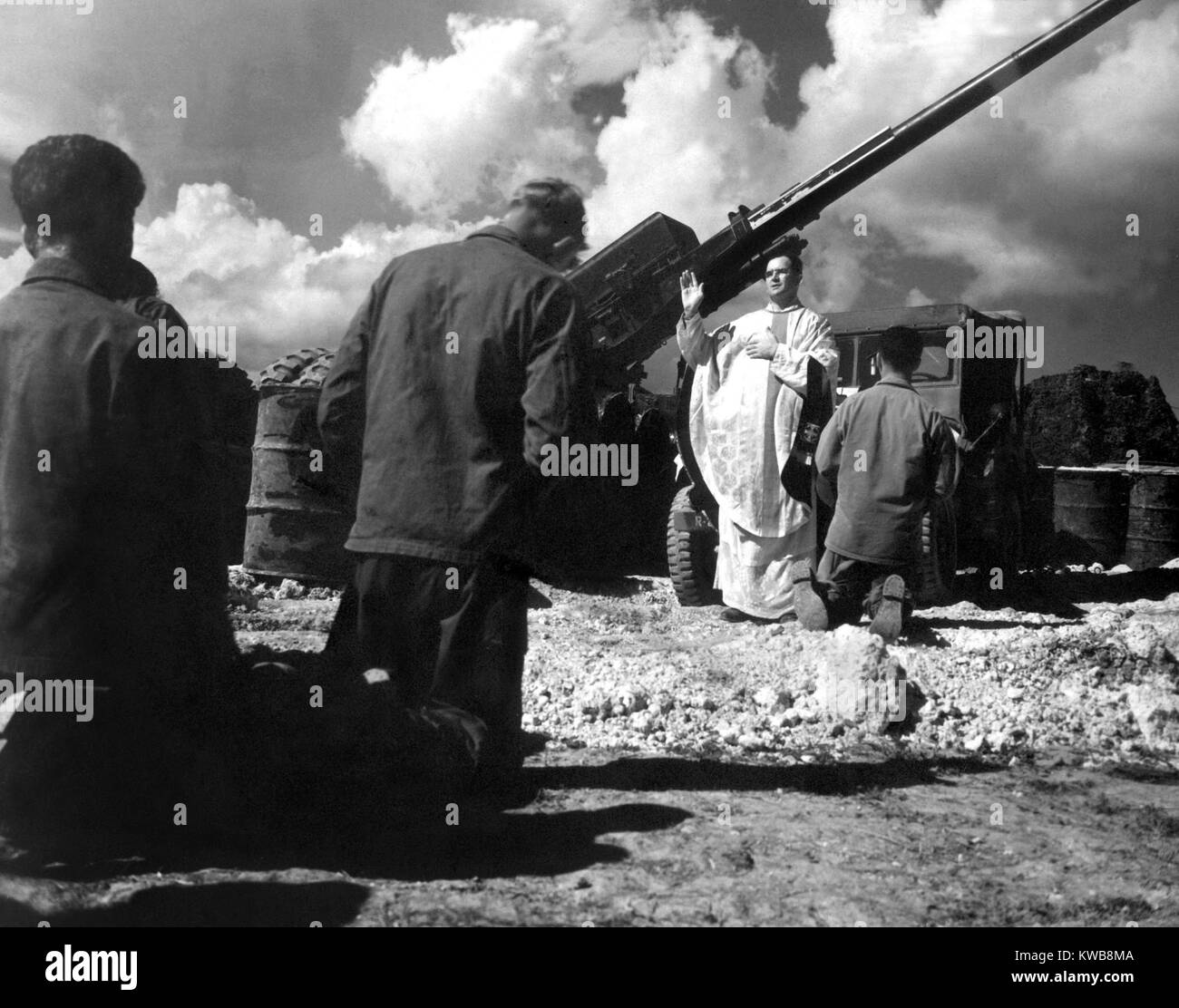 Chaplain celebrates mass for soldiers at Bolo Point, Okinawa. July 19 ...