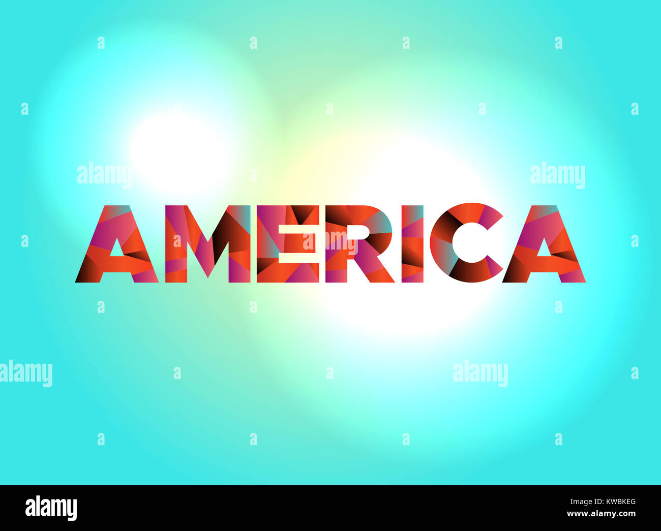 The word AMERICA written in colorful fragmented word art on a vibrant ...