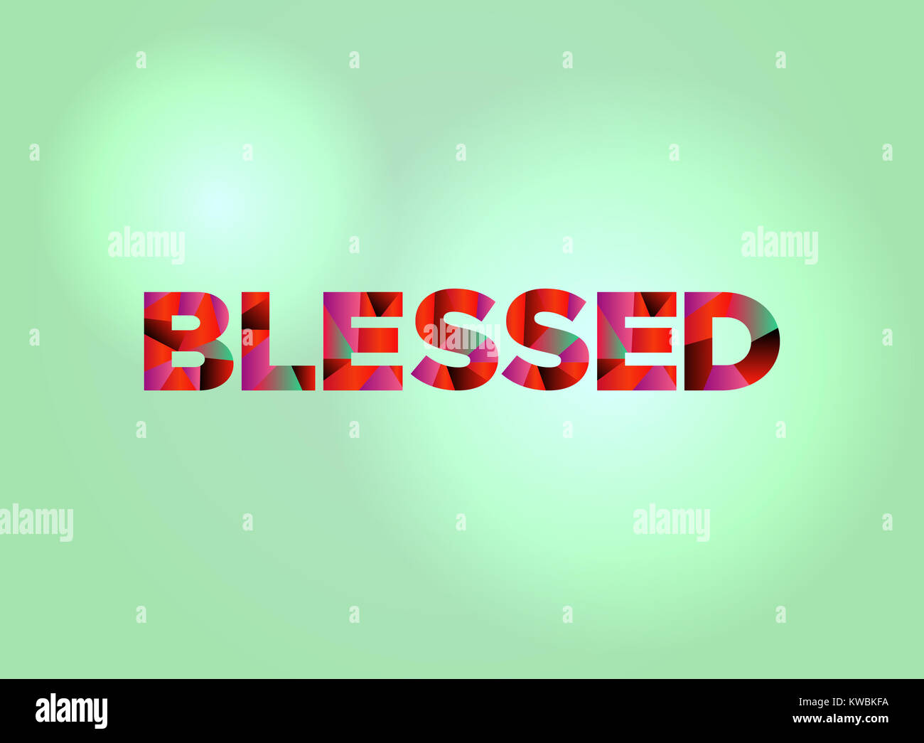 The word BLESSED written in colorful fragmented word art on a vibrant ...