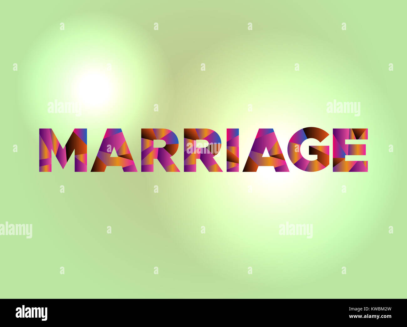 The word MARRIAGE written in colorful fragmented word art on a vibrant ...