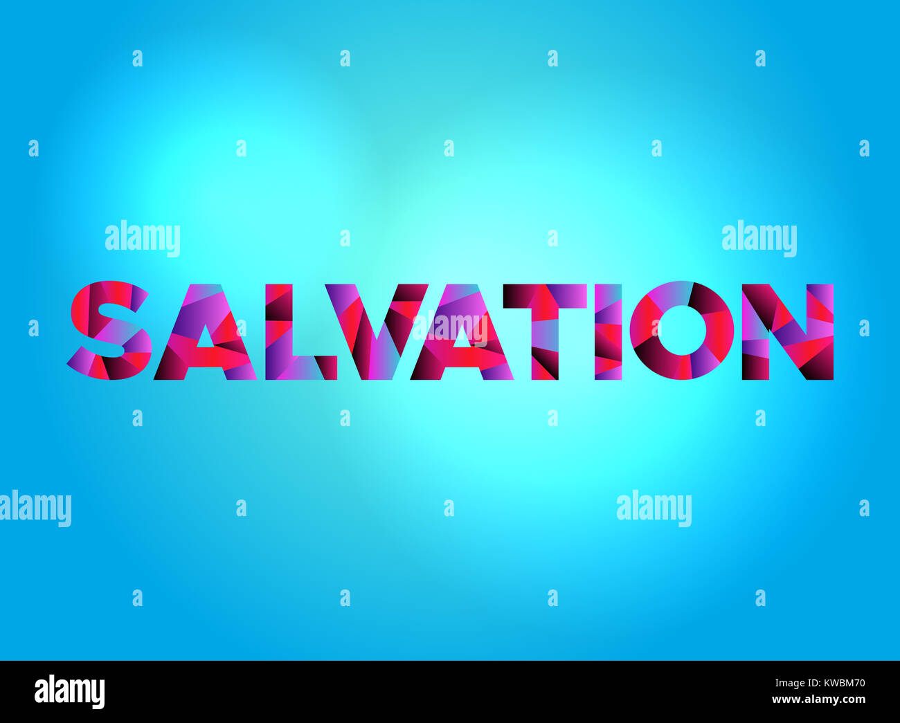 The word SALVATION written in colorful fragmented word art on a vibrant ...