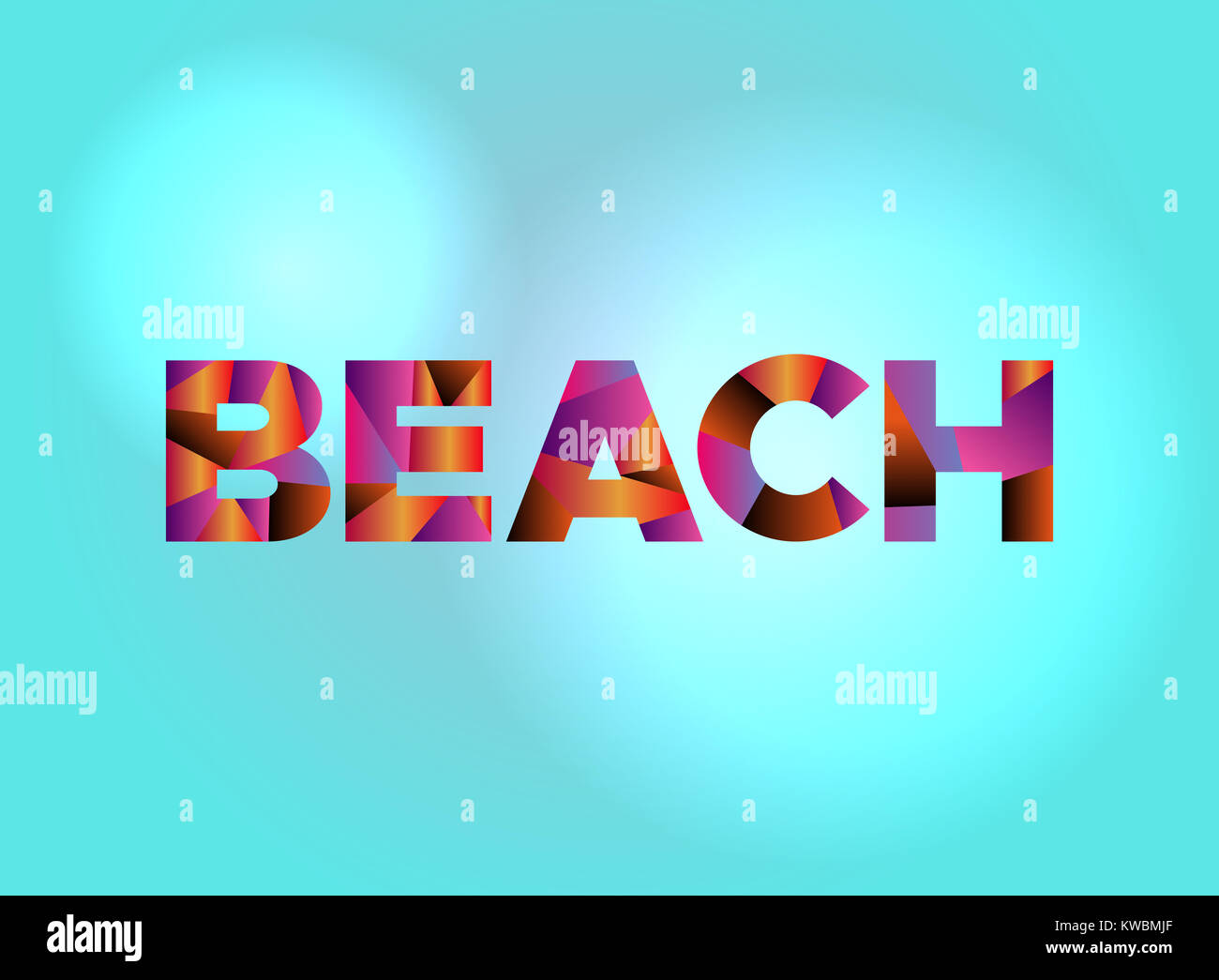 The word BEACH written in colorful fragmented word art on a vibrant ...