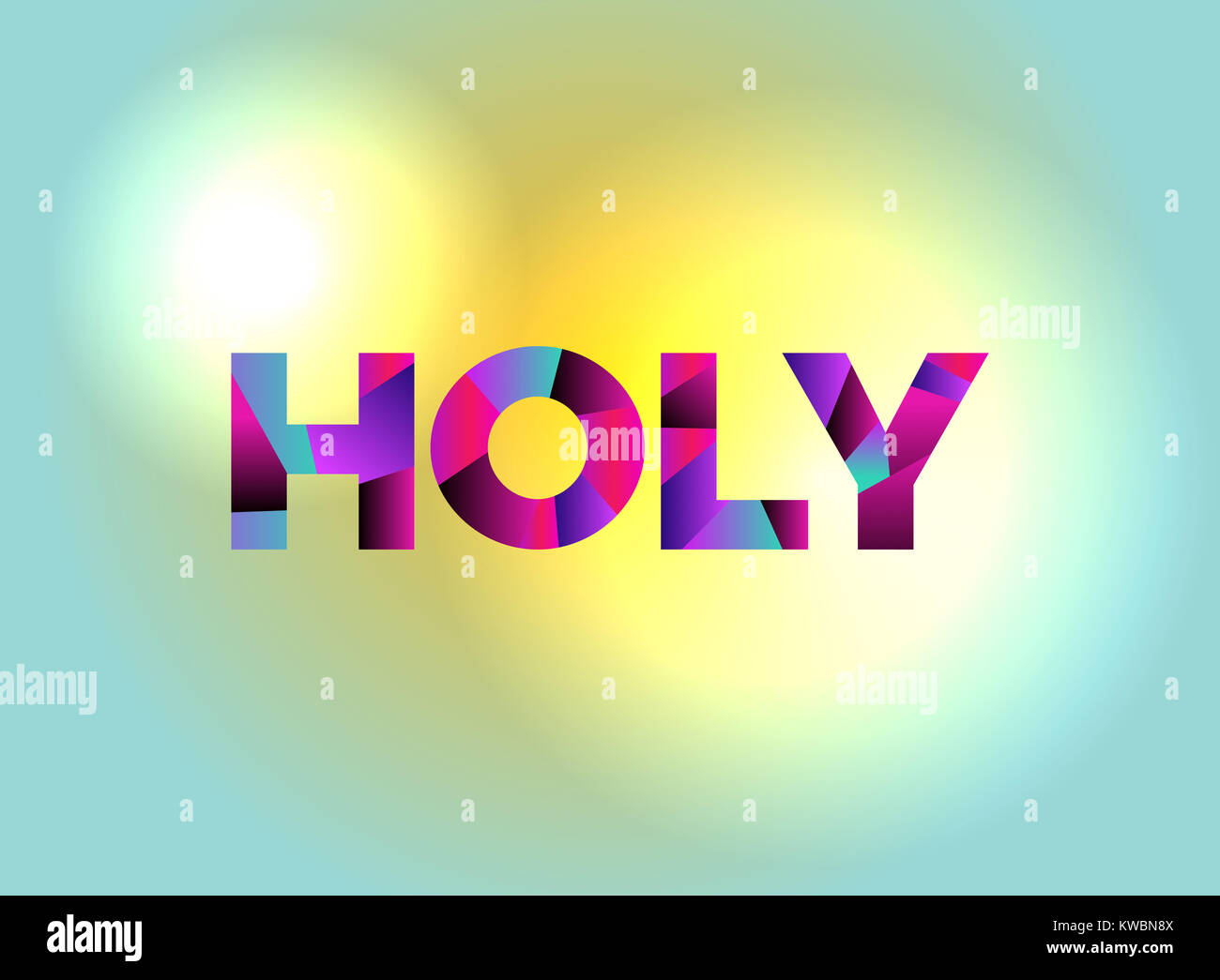 The word HOLY written in colorful fragmented word art on a vibrant ...
