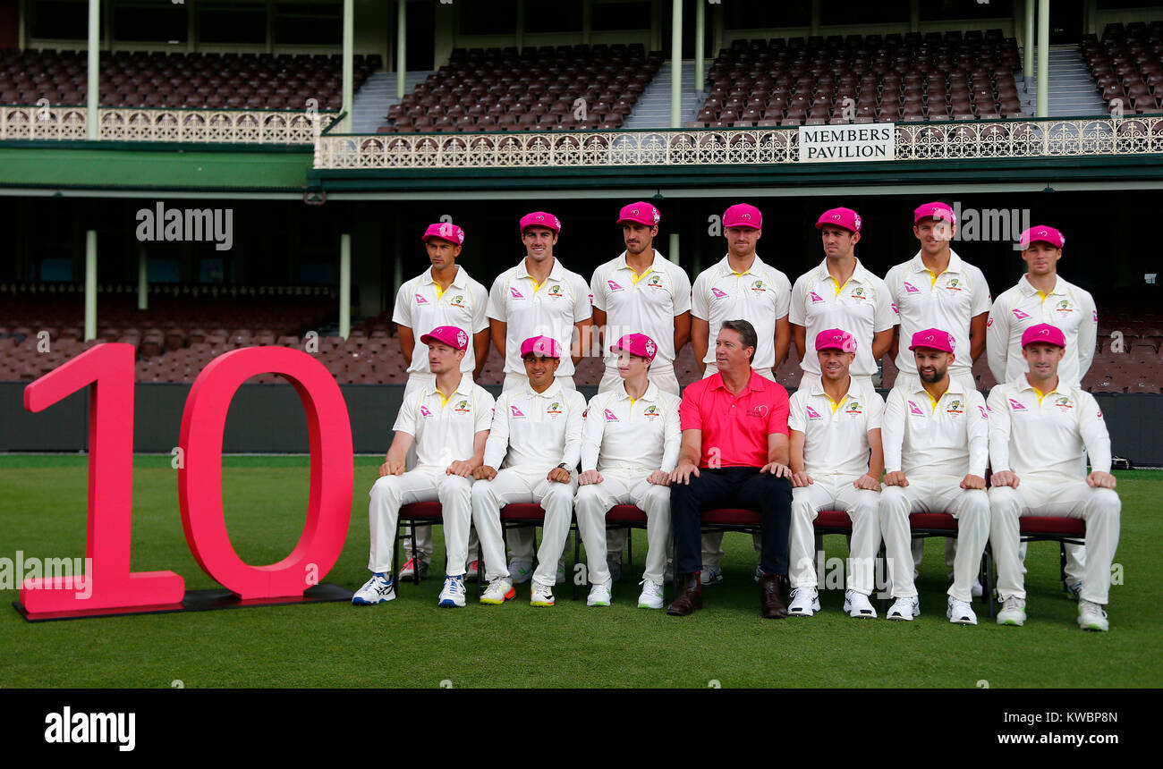 The Australian team pose for a photo in support of Mcgrath day during a ...