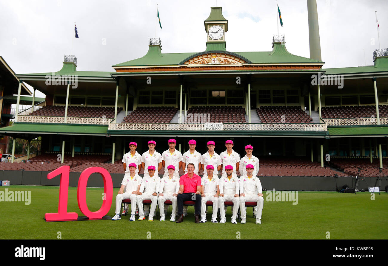 The Australian team pose for a photo in support of Mcgrath day during a ...