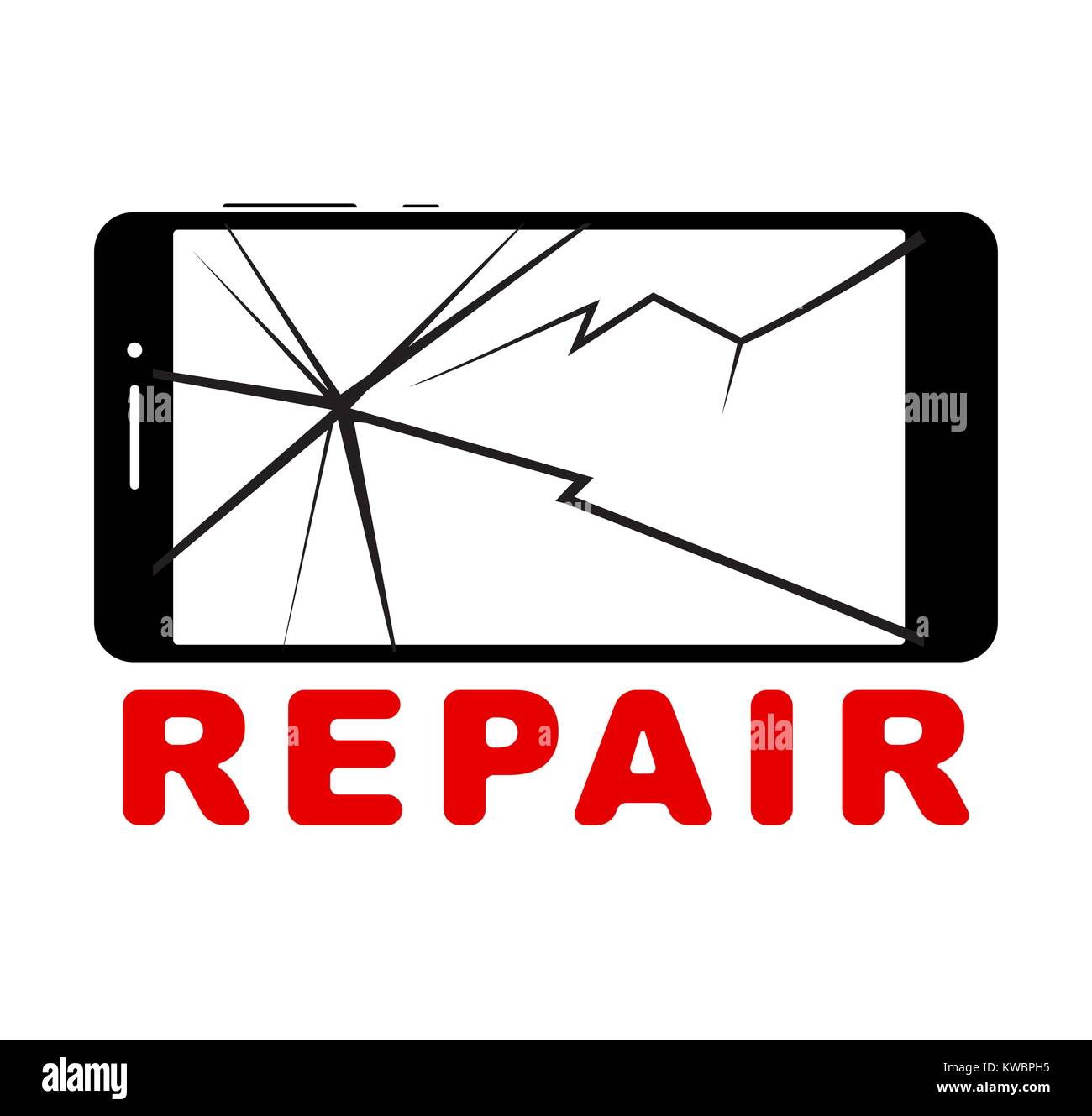 Broken smartphone with cracked touch screen, cell phone flat icon pictogram with caption Repair ...