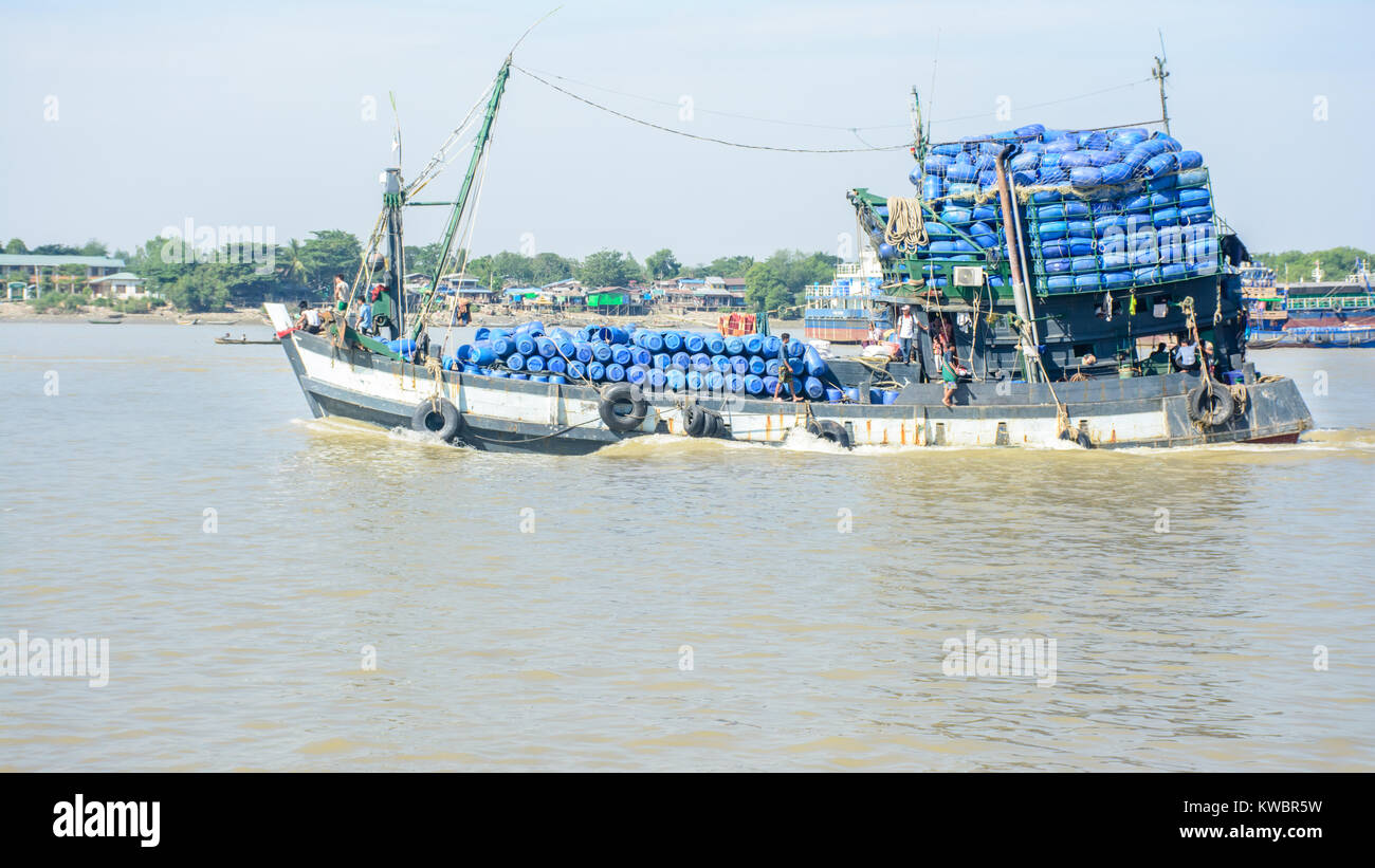 fishing boat in Hlaing river, Myanmar. They go to off-shore and fishing ...