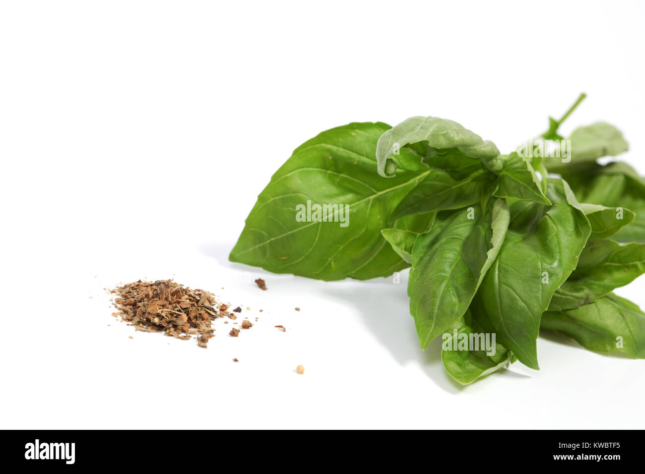 Fresh basil with grounded basil on a white background Stock Photo - Alamy