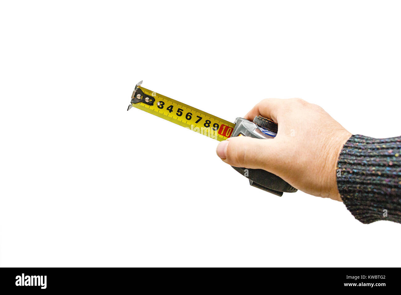 Measuring tool. Hand with a tape measure isolated on white background ...